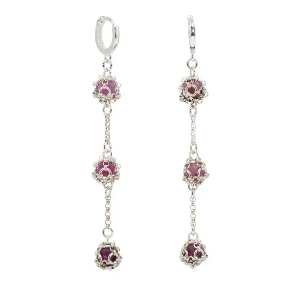 MHART Ruby Triple Drop Chain Earrings In Sterling - Silver