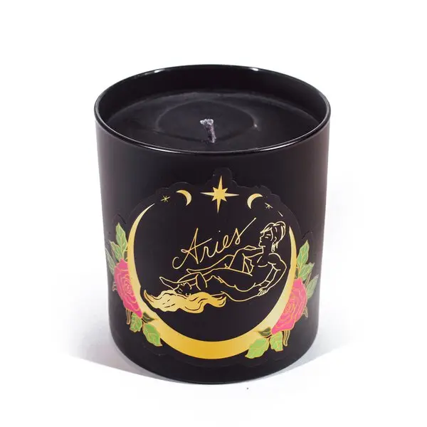 BLACK CAKE Astrology Zodiac Horoscope Sign Candle Aries Light Sugar Rose Petal Fragrance - Black/orange