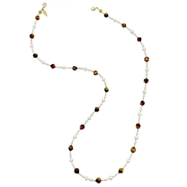 FARRA White / Brown Removable Freshwater Pearls & Tiger Eye Glasses Chain - White/brown