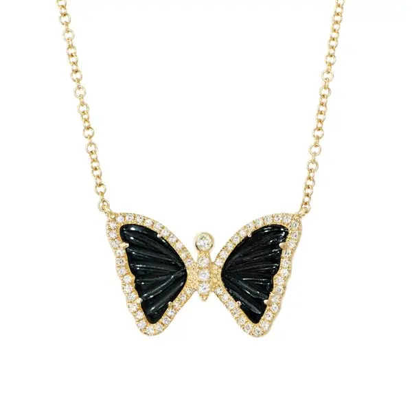 KAMARIA Mini Onyx Butterfly Necklace With Diamonds - Black