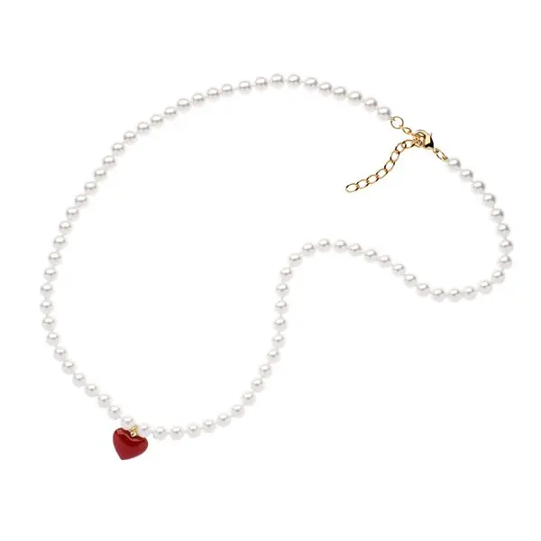 EMMA HOLLAND JEWELLERY White / Red Red Enamel Heart & Pearl Necklace - White/red