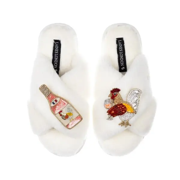LAINES LONDON Neutrals / Classic Laines Slippers With Chicken Wine Brooches Cream - White