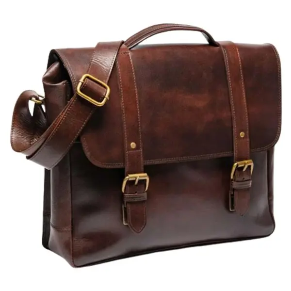 HIDES LEATHER CO. Leather Briefcase With Leather Strap, Messenger Laptop Case - Brown