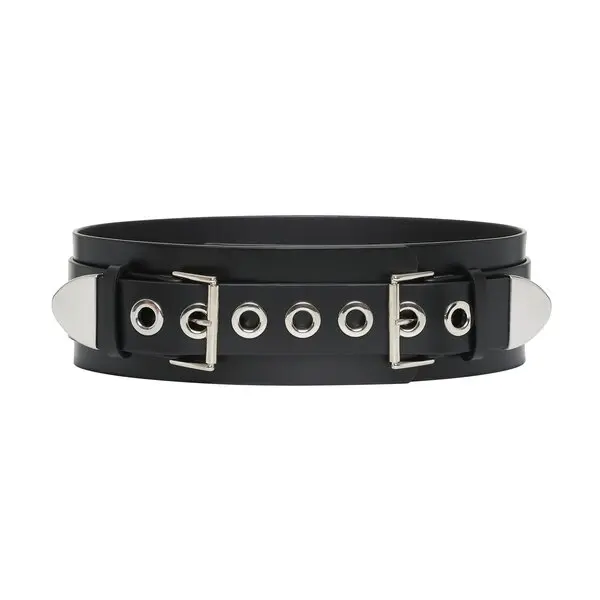 HAUTE CUIR Eyeleted Wide Leather Belt - Black
