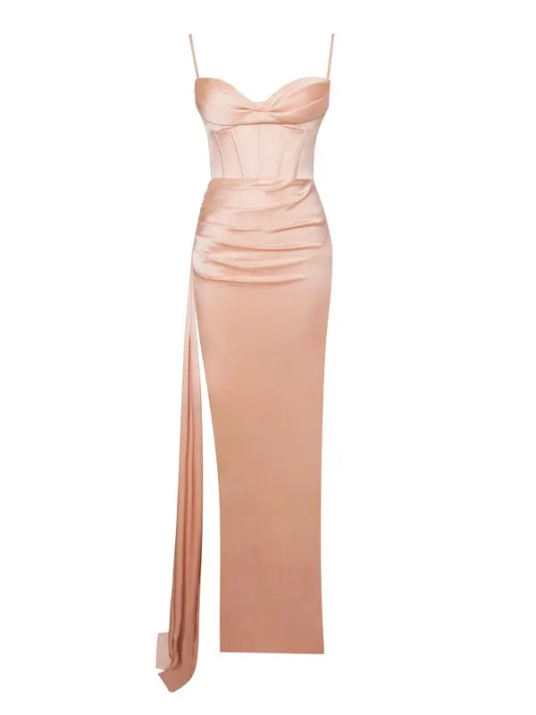 MISS CIRCLE NEW YORK Elayna Blush Strappy Satin Corset High Slit Gown - Pink