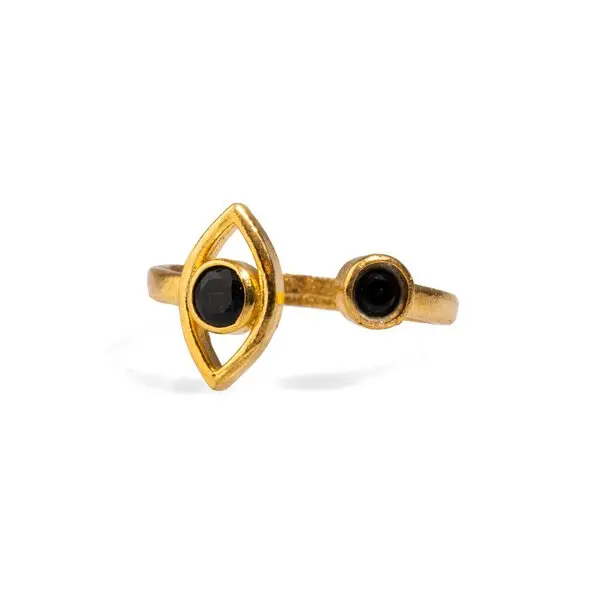 EBRU JEWELRY Gold / Black Spiritual Eye Black Onyx Stone & Gold Dainty Stackable Ring Black - Gold/black