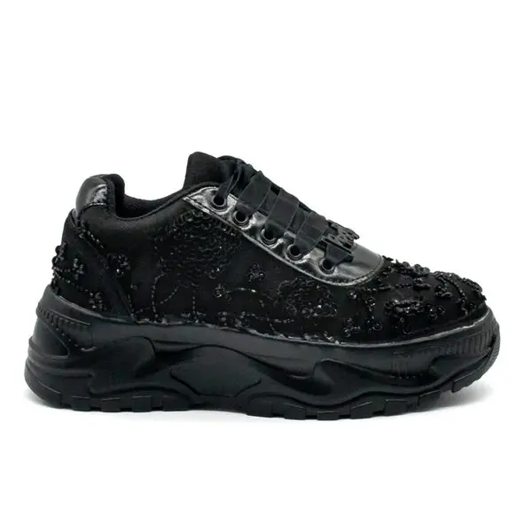 RETTROSE Sarah Luxury Noir Satin Handmade Embellished Trainers - Black