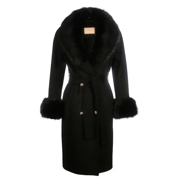 SANTINNI Marlene' 100% Cashmere & Wool Coat With Faux Fur In Nero - Black