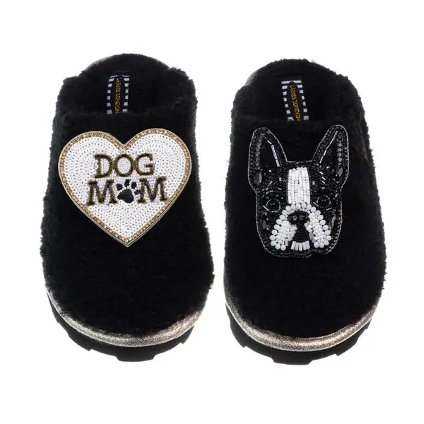 LAINES LONDON Teddy Closed Toe Slippers With Buddy The Boston Terrier & Dog Mum / Mom Brooches - Black