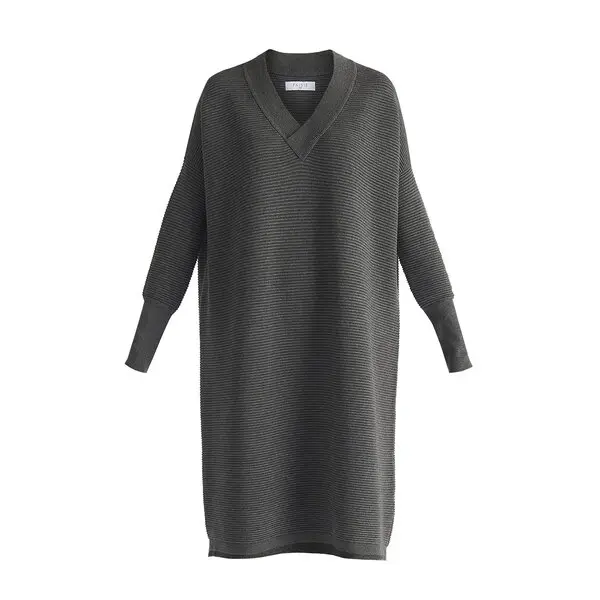 PAISIE V-neck Ribbed Jumper Dress In Dark - Grey