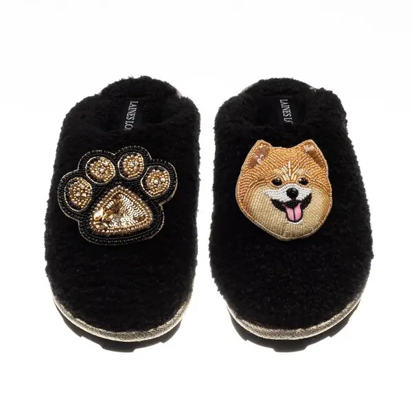 LAINES LONDON Teddy Closed Toe Slippers With Teddy The Pomeranian & Paw Brooches - Black
