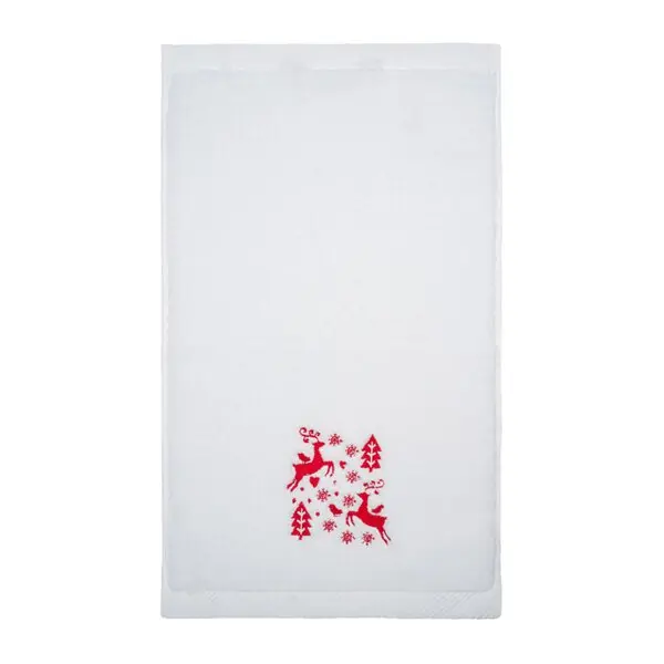 KM HOME COLLECTION Christmas Deer Embroidery Cotton Hand Towel - White