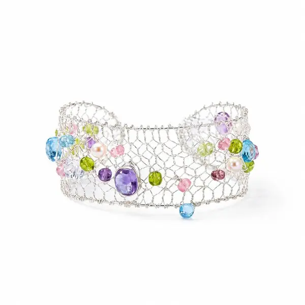 ORMIRO Celestia Multi-gemstone & Pearl Silver Mesh Bracelet - Gray