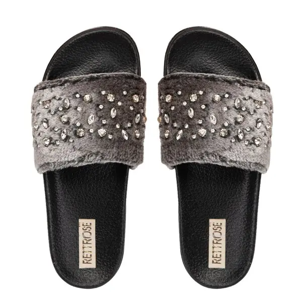 RETTROSE Sienna Luxury Plush Diamanté Embellished Handmade Sliders - Black