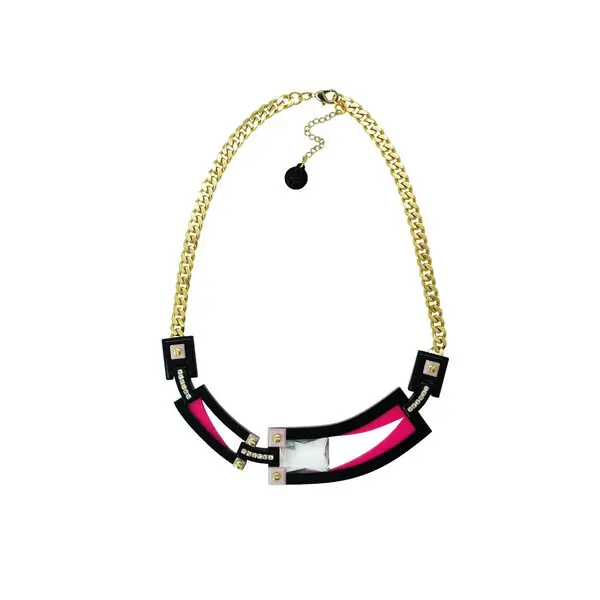GISSA BICALHO Handmade Acrylic Necklace Deco Choker Rectangular Cut Stone - Pink
