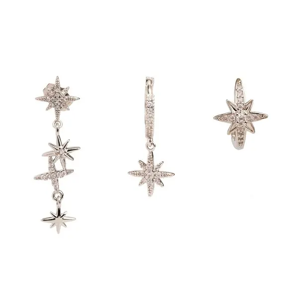 EBRU JEWELRY Celestial Trinity & Diamond Earring Set - Silver