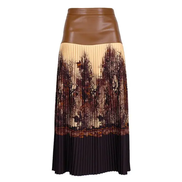 LALIPOP DESIGN Neutrals All-over Graphic Design Pleated Skirt With Vegan Leather Detailing - Brown