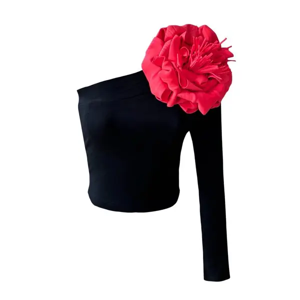 LONDON ATELIER BYPRODUCT One Sleeve Top With Red Flower Pin - Black