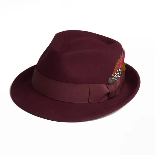 DASMARCA HATS Darwin Burgundy Felt Trilby With Feather - Red