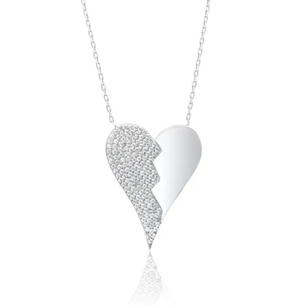 SHYMI Half Pave Heart Necklace - Silver