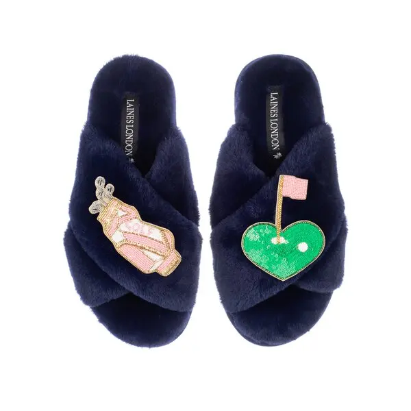 LAINES LONDON Classic Faux Fur Slippers With Golf Brooch Detail - Blue