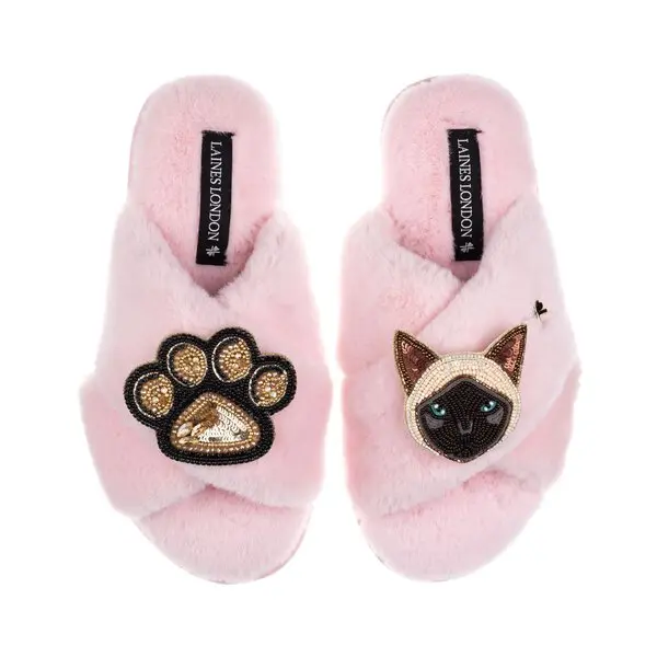 LAINES LONDON Classic Slippers With Paw And Siamese Cat Brooches - Pink