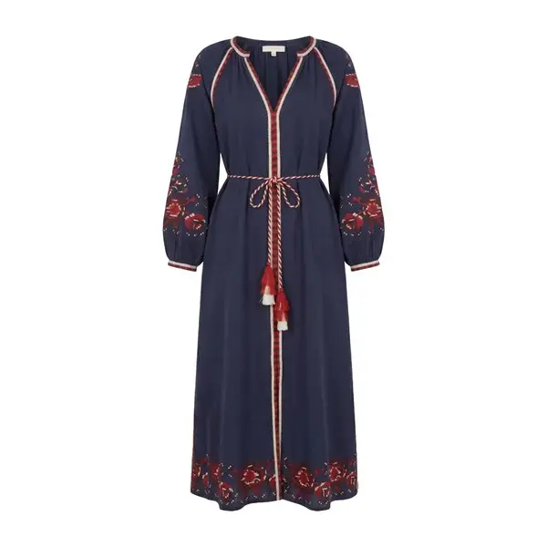 Adrift Clothing Robin Belted Dress In Navy Nomad - Blue