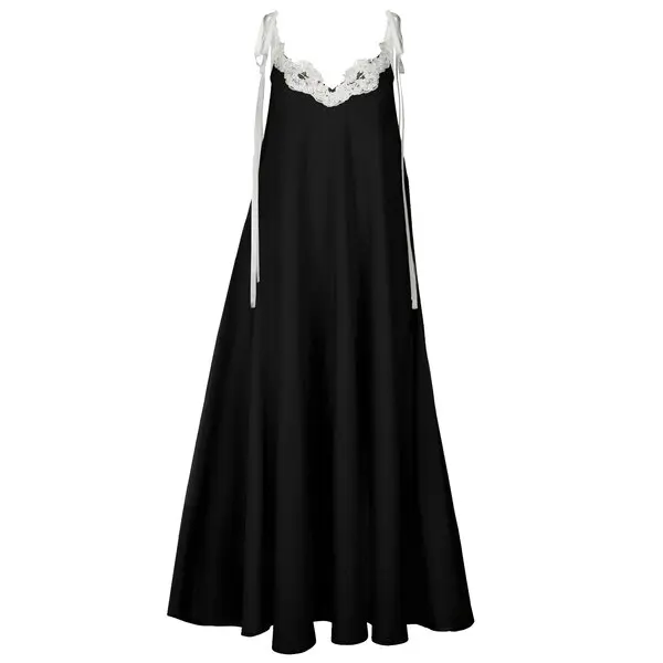LANGNER Black / White Black Linen-viscose Slip Dress With Lace Detail & Tie Straps - Black/white