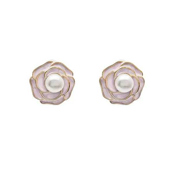 FARRA Enamel Flower Stud Earrings With Freshwater Pearl - Pink