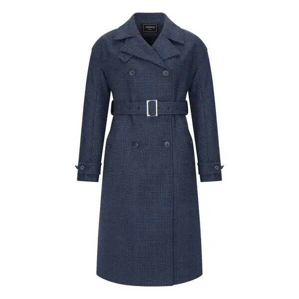 TRIONA Navy Prince Of Wales Check Faye Double Breasted Mac Coat - Blue