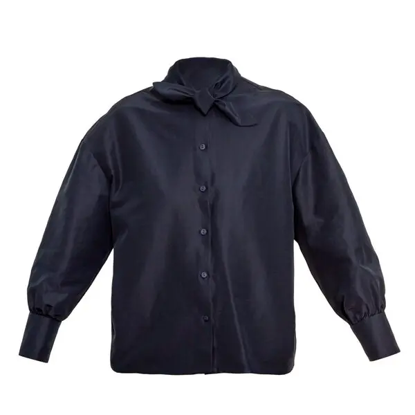 KAROLINA OZOLINSIUTE Navy Silk Blend Taffeta Shirt With Bow Collar