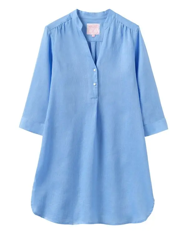 PINK HOUSE Linen Decima Dress With Hemmed Cuff Plain French - Blue