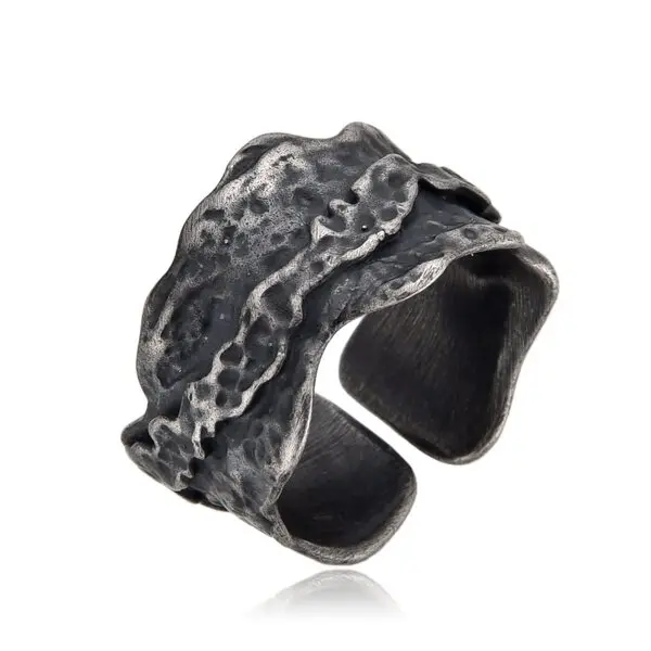 ALTAR™ ORNAMENTS CO. Lava Ring| Sterling Silver Volcanic Relief Band Altar - Grey