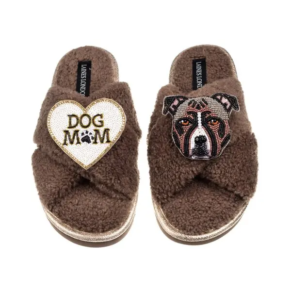 LAINES LONDON Neutrals Laines Neutral Boucle Slippers With Luna-rose Staffy & Dog Mum / Mom Brooches Mink - Brown