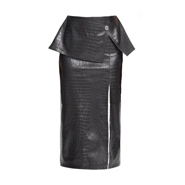 MIRIMALIST Croco Leather Midi Skirt - Black