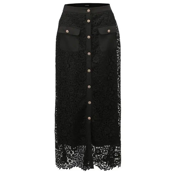 SMART AND JOY Lace And Center Buttons Straight Midi Skirt - Black