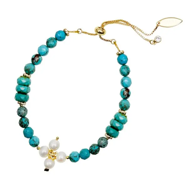 FARRA Blue / White Turquoise With Flower Pearls Adjustable Bracelet - Blue/white
