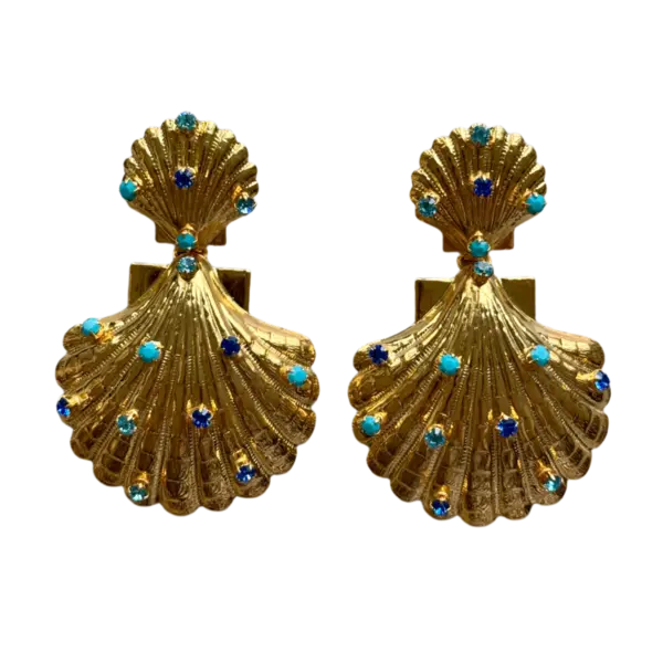 LAURA GRAY Crystal Gold Double Shell Earrings - Blue