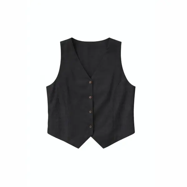 HOUSE OF GL Sage Cotton Check Tailored Vest Top With V-neck And Button Front - Black
