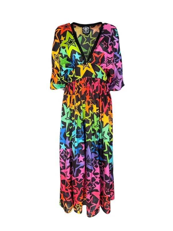 ANY OLD IRON Black / Blue Multicolor New Rainbow Star Black Sequin Neckline Kaftan Dress - Black/blue