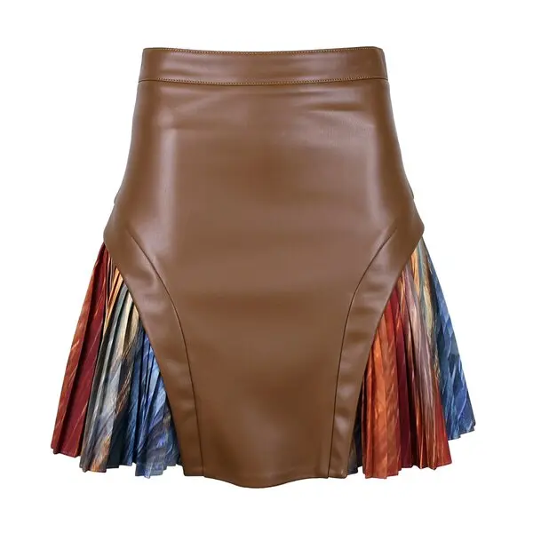 LALIPOP DESIGN Mini Skirt With Pleated Digital Print Inserts And Vegan Leather Panels - Brown