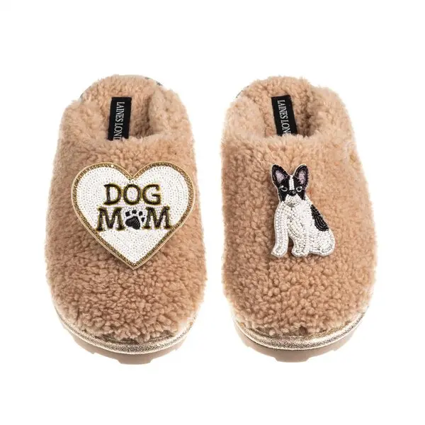 LAINES LONDON Neutrals Teddy Closed Toe Slippers With Dog Mum/mom & Black/white Sitting French Bulldog Toffee - Brown
