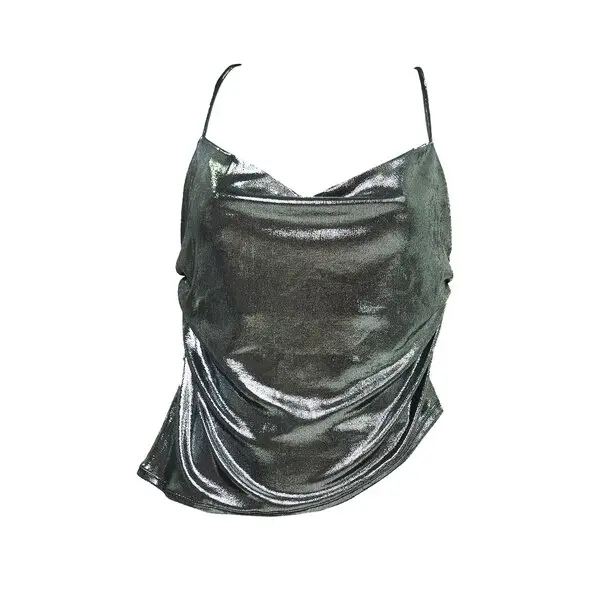AULALA PARIS The Abyss Draped Metallic Cowl Neck Top - Black