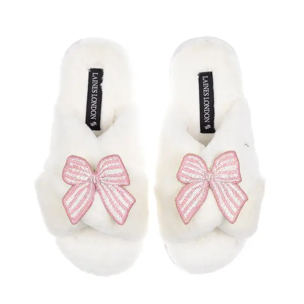 LAINES LONDON Neutrals Classic Laines Slippers With Pink Stripe Bow Brooches Cream - White