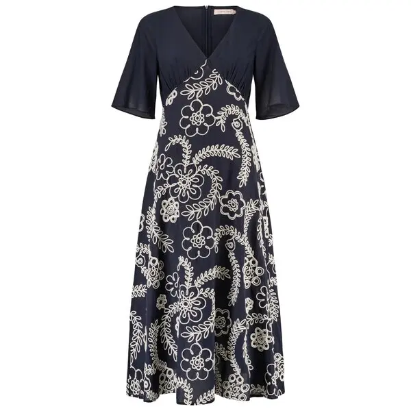TRAFFIC PEOPLE Blue / White Sandrine's Smile Navy Blue And White Floral Blythe Midi Dress - Blue/white