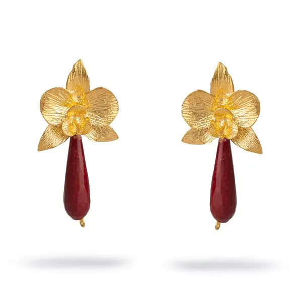 EBRU JEWELRY Gold / Red Orchid Flame Red Agate Gold Earrings Red - Gold/red