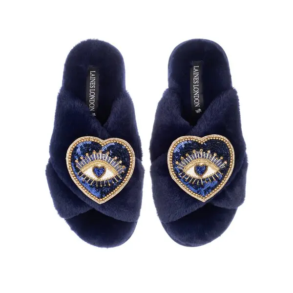LAINES LONDON Classic Laines Slippers With Double Heart Eye Brooches Navy - Blue