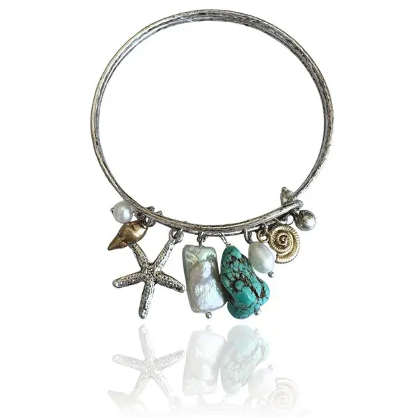 RARE MATTERS JEWELRY Ocean Treasures Turquoise & Freshwater Pearl Charm Bangle - Blue