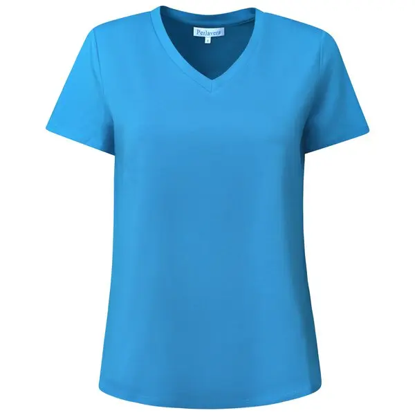 PERLAVERA Titi Turquoise Solid Cotton Spandex Short Sleeve Length V-neck T-shirt - Blue