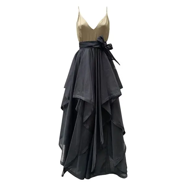 IMAATU Gold / Black Pure Silk Opera Black Gold Dress Asymmetrical Luxury Maxi Red Carpet Gown - Gold/black